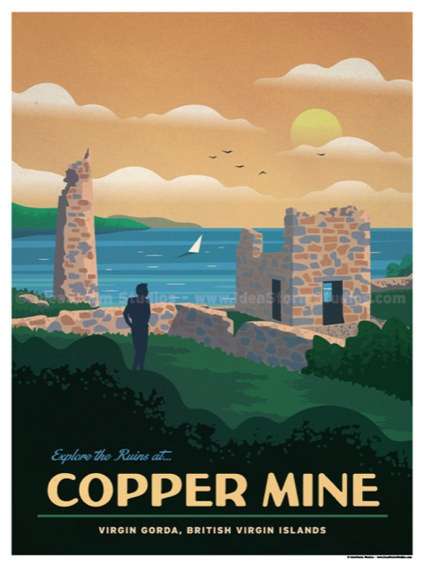 BVI Retro travel poster - Copper Mine - Giclee print 12" x 16" - Nutmeg ...