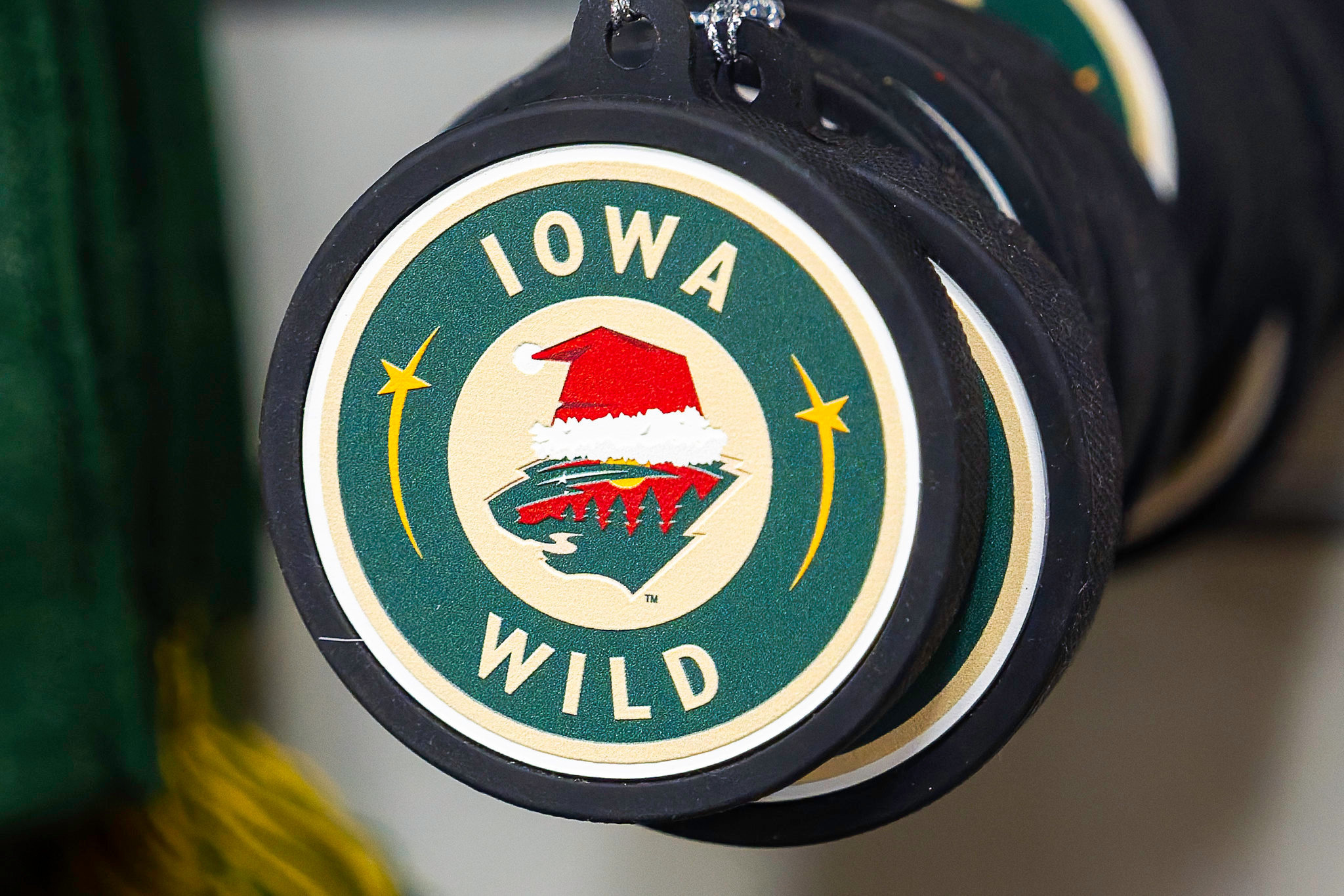 Rubberized Puck Ornament - Santa Hat Circle Logo - Iowa Wild Hockey Club
