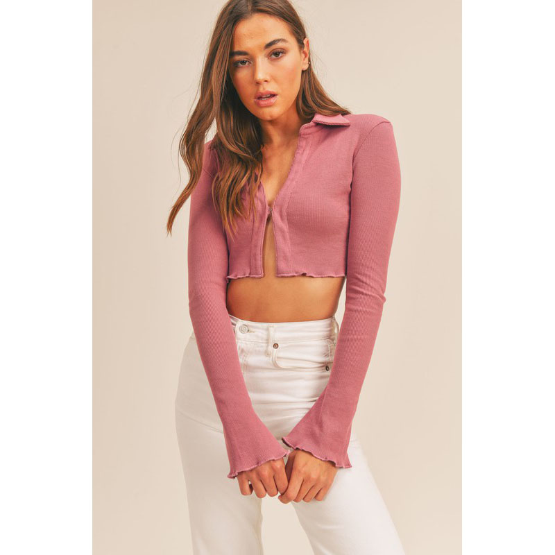 Rose Collared Ribbed Top - Firefly