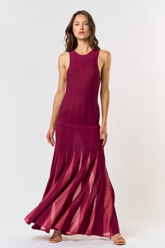Wine Midi Dress w/Mesh Insert - Firefly