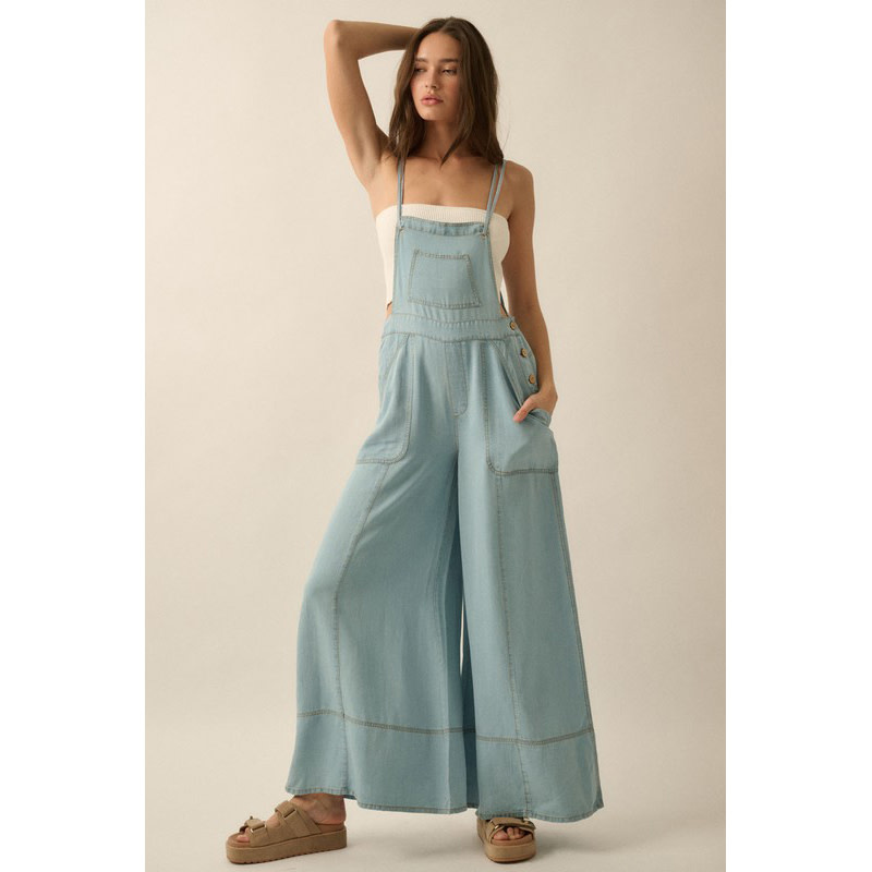 Chambray Wide Leg Overalls - Firefly