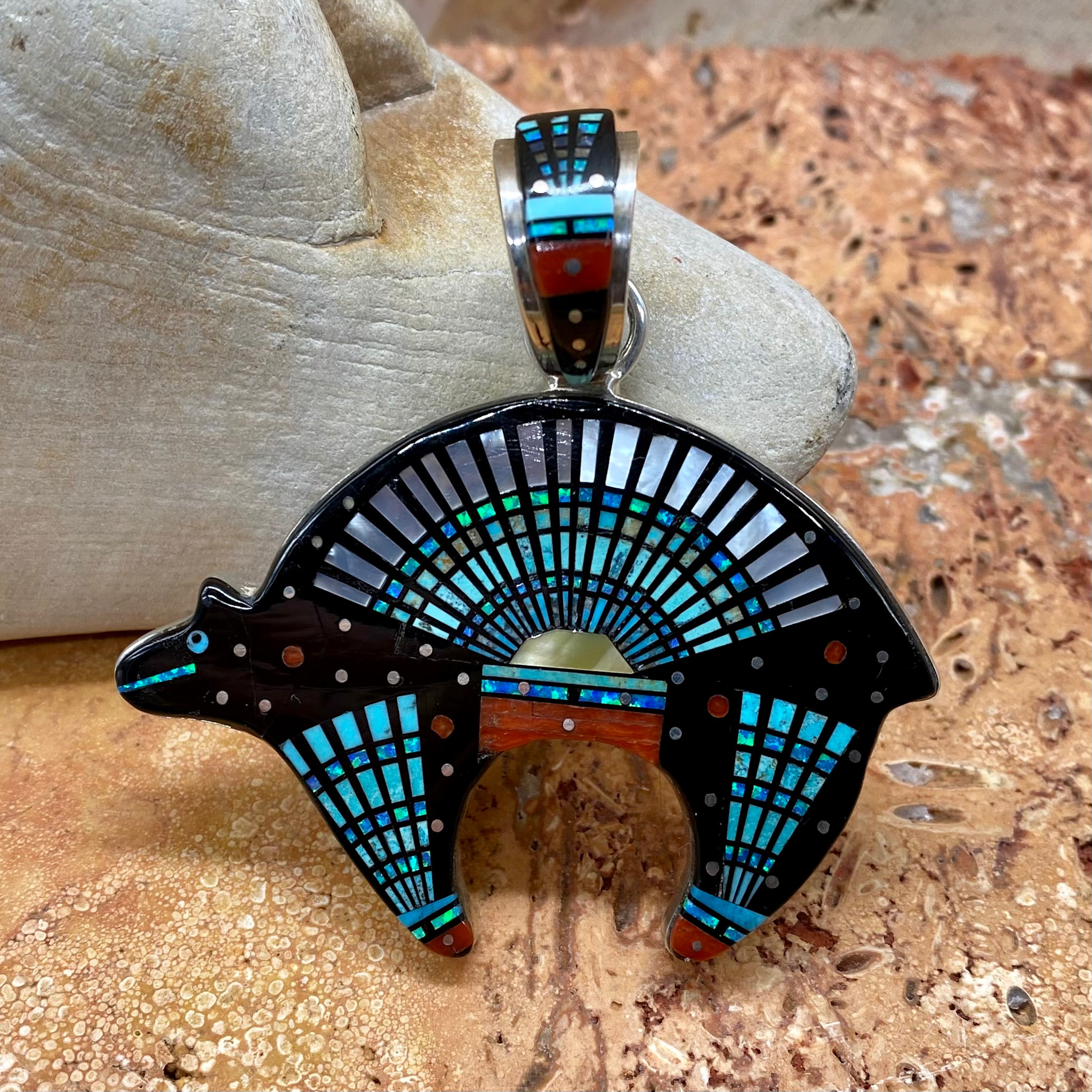 Micro Inlay Bear Pendant - Erwin Tsosie - White Buffalo