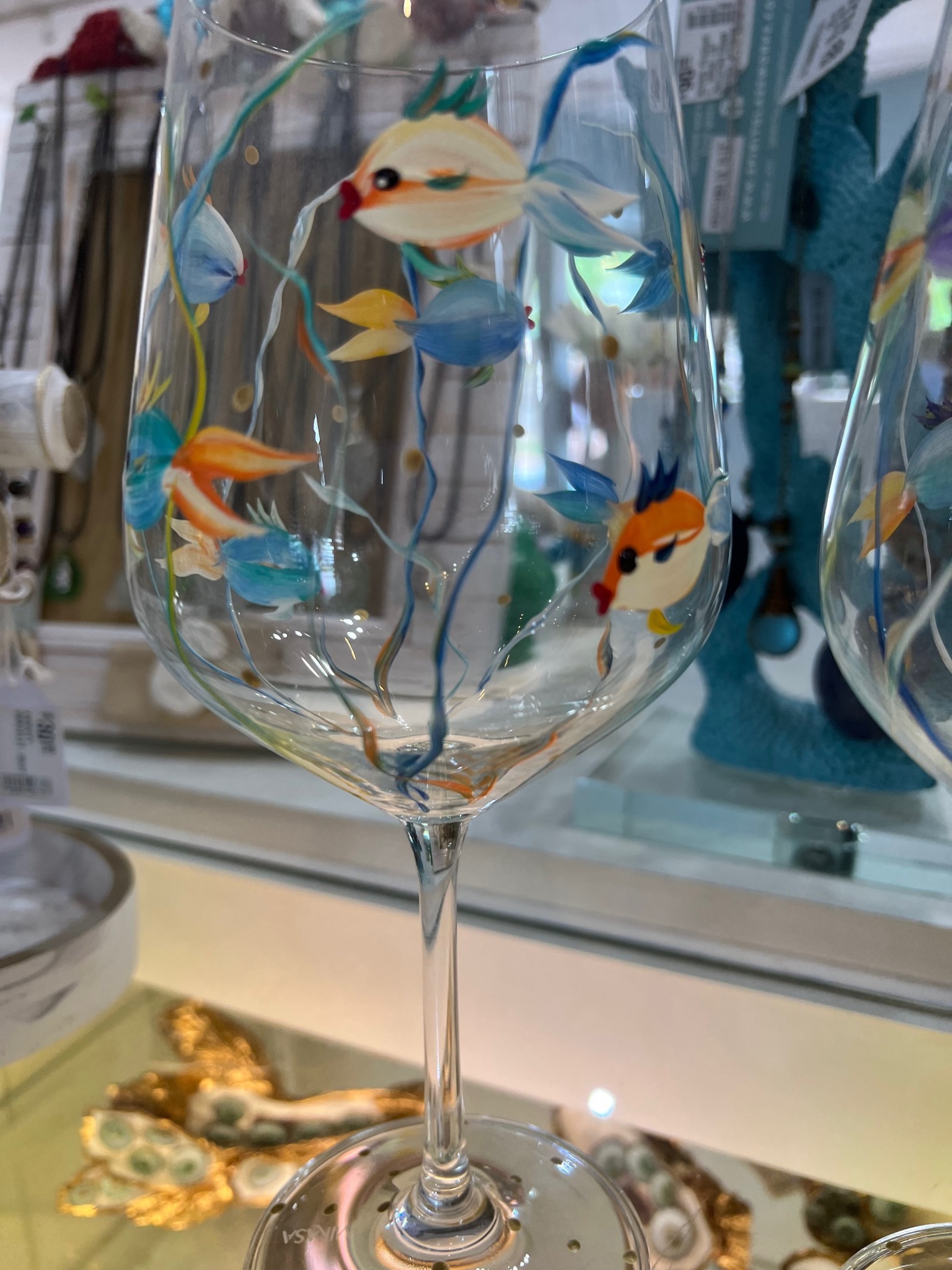 Wine Glass, stemmed, handpainted, fish motif, MARY - Rare Earth Gallery