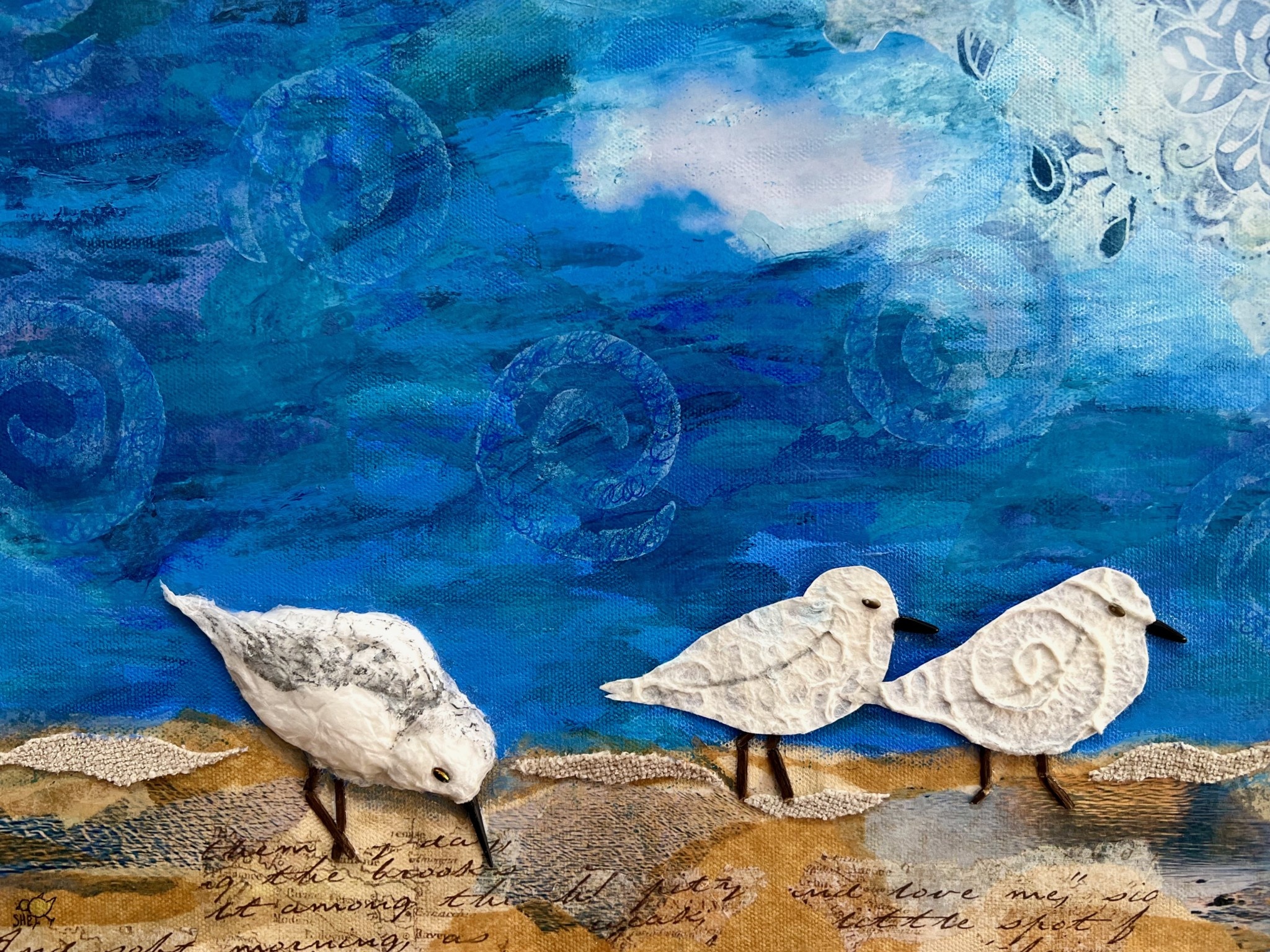 "Brunch at the Beach", Mixed media collage w/3 birds/handmade paper ...