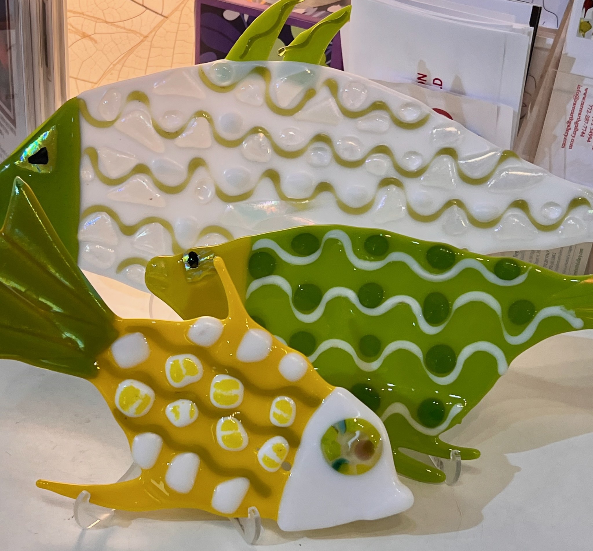 Fish, yellow, fused glass on stand, small, LOIS - Rare Earth Gallery