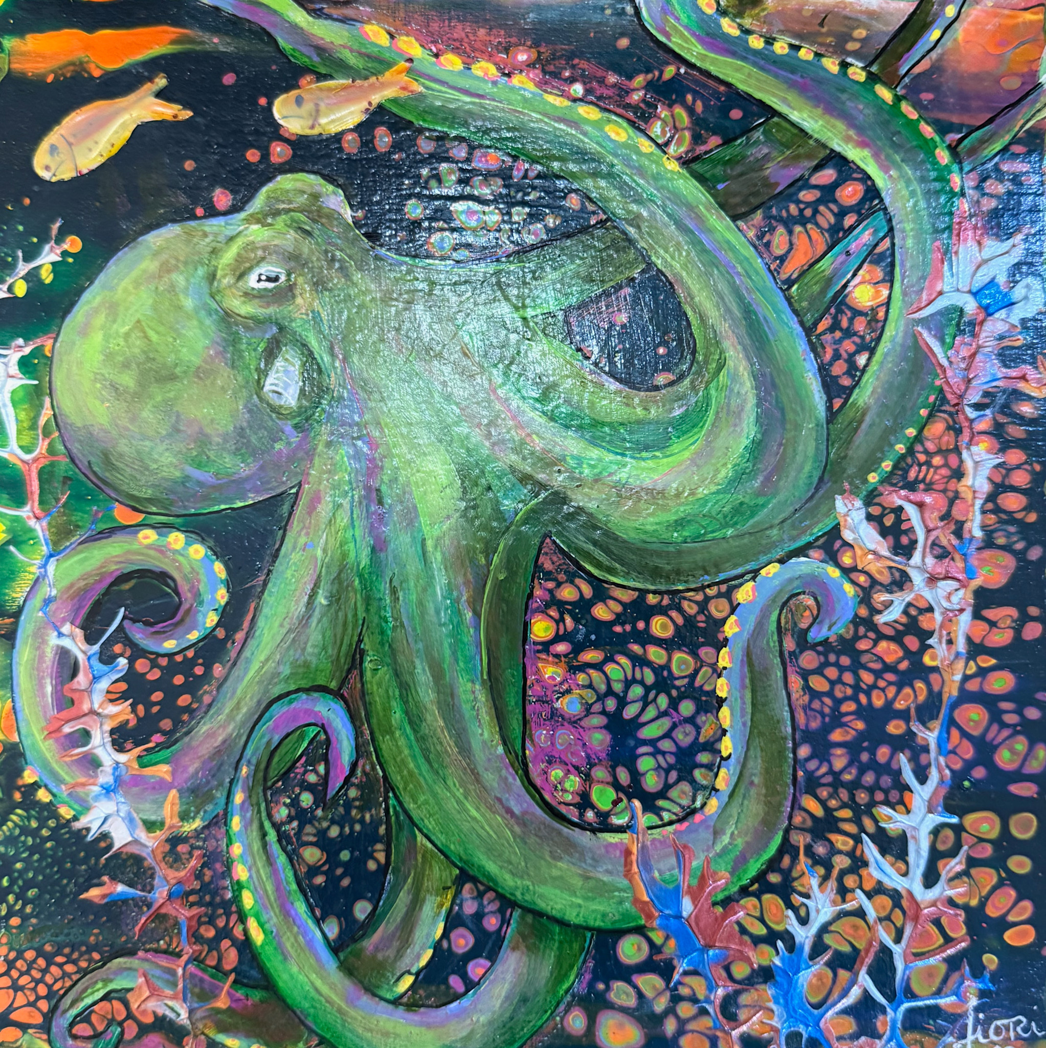 Pool Octopus, Mixed media on 8x8" wood panel, FIORI - Rare Earth Gallery