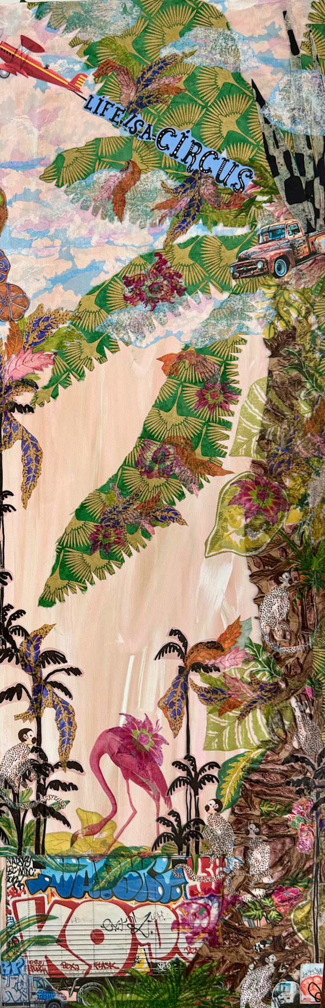 "Life is a Circus", collage on canvas, 12x36", PAMM - Rare Earth Gallery