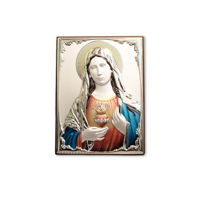 Sacred Heart of Mary silver plated embossed metal plaque on wood - Gift ...