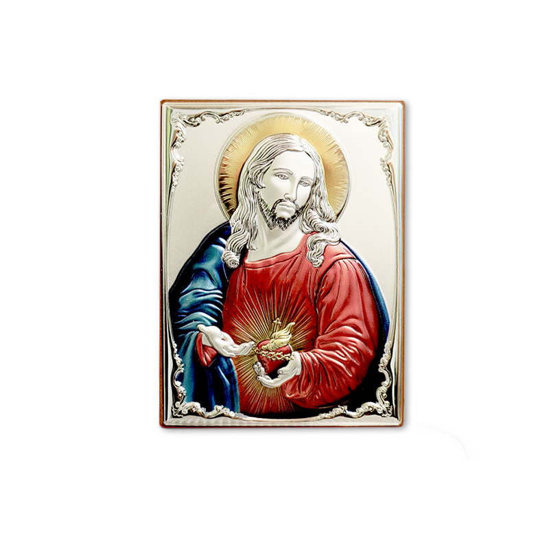 Plaque Sacré-Coeur de Jésus en métal embossé plaqué argent sur bois - L ...