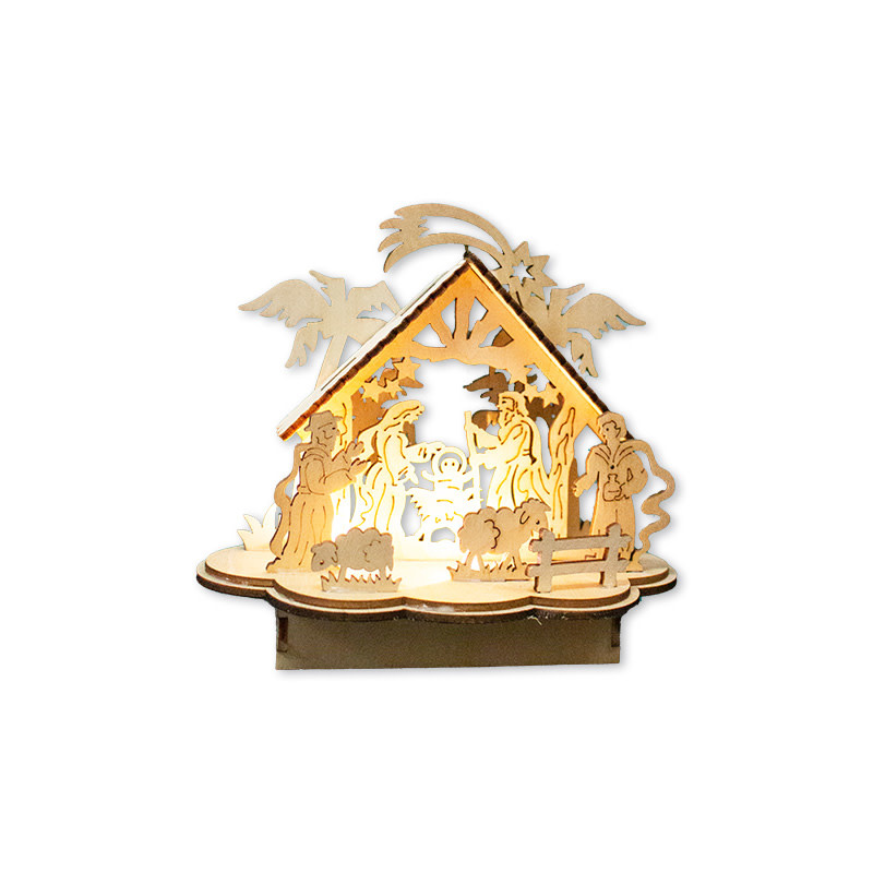 Wooden Nativity scene with LED, 4 palm trees, 2 shepherds ornament ...