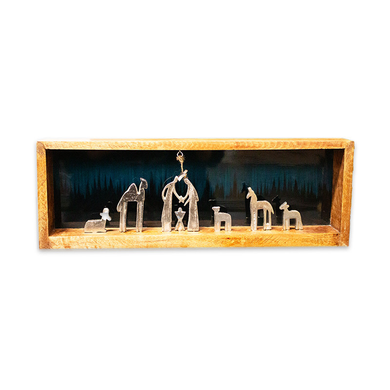 Nativity scene with metal characters in a wooden frame - Gift Shop ...