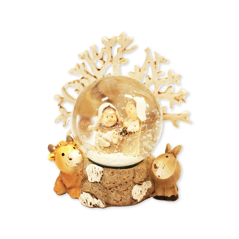 Mini Nativity Scene in a Water Globe, with Donkey, Cow, and Tree, Beig ...
