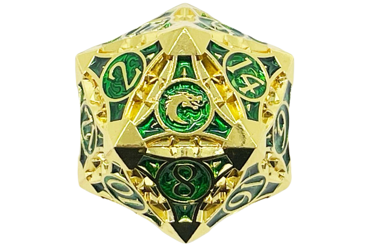 Old School 40mm D20 Metal Die: Gnome Forged Gold w/ Green - Recess Games LLC