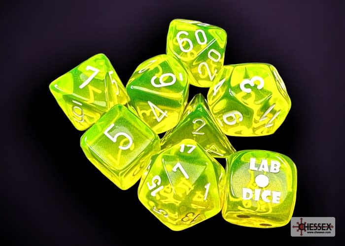Lab Dice 6 Translucent Neon Yellow/White 7 die set - Recess Games LLC