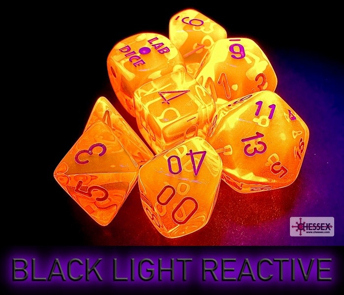 Lab Dice 6 Translucent Neon Orange/White 7 die set - Recess Games LLC