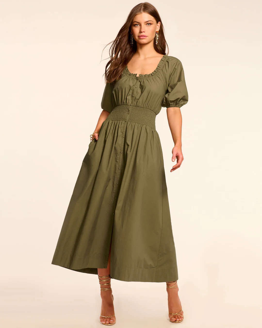 Ramy Brook- Laura Cotton Poplin Smocked Maxi Dress- Olive Green - Dukes ...