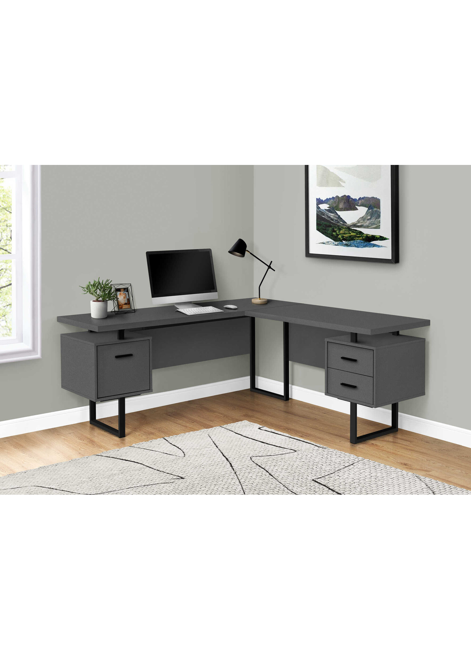 COMPUTER DESK - 70"L / MODERN GREY / BLACK METAL / L/R - MAISON CAPLAN