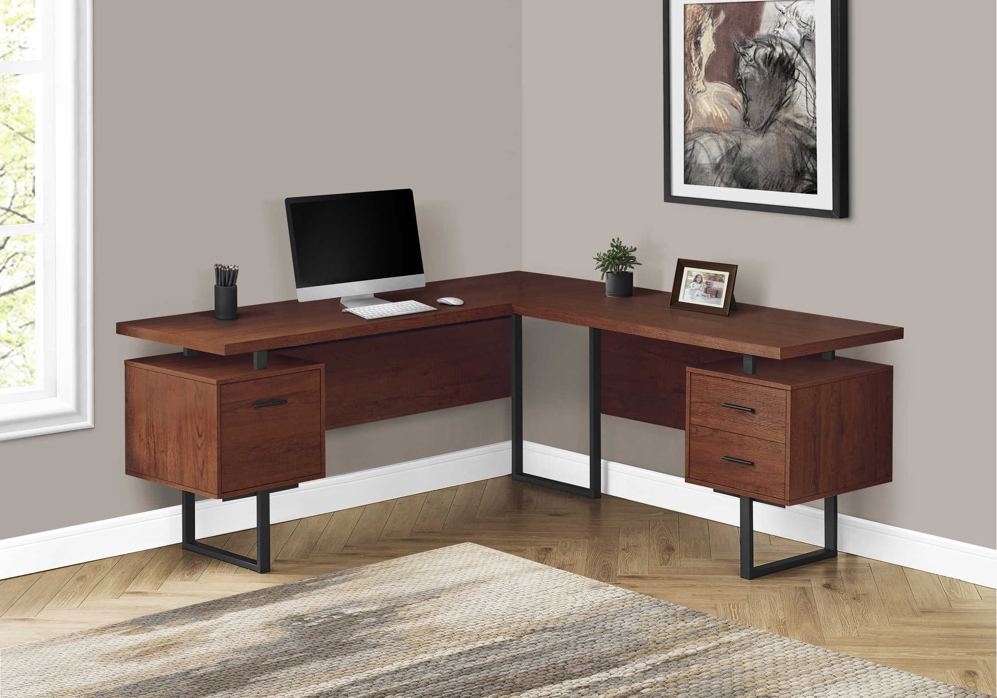 COMPUTER DESK - 70"L / CHERRY / BLACK METAL / L/R FACE - MAISON CAPLAN