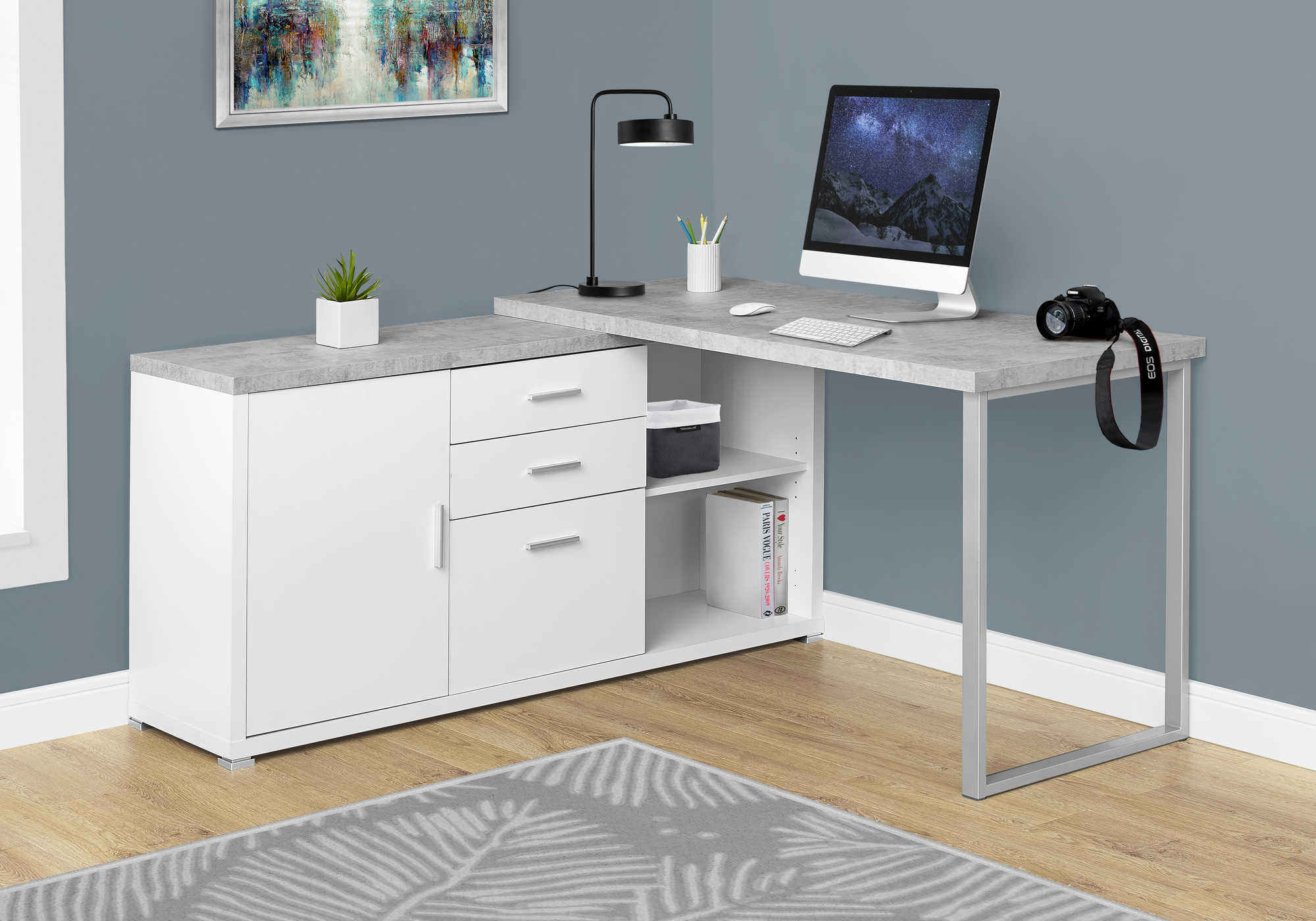 COMPUTER DESK - 60"L WHITE / CEMENT-LOOK LEFT/RIGHT FACE - MAISON CAPLAN