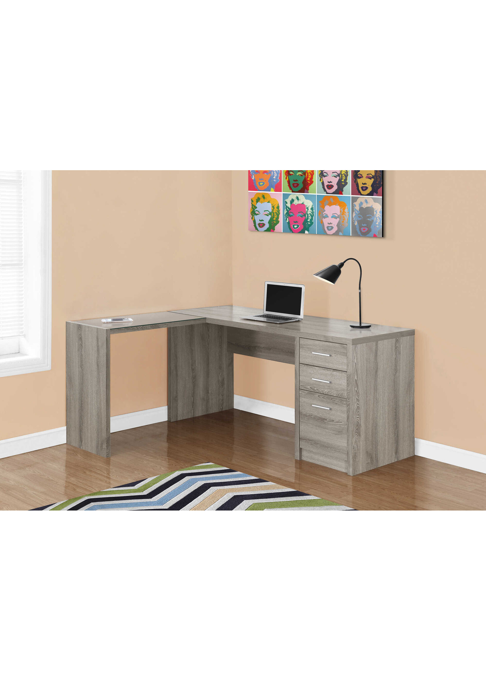 COMPUTER DESK - DARK TAUPE CORNER WITH TEMPERED GLASS - MAISON CAPLAN