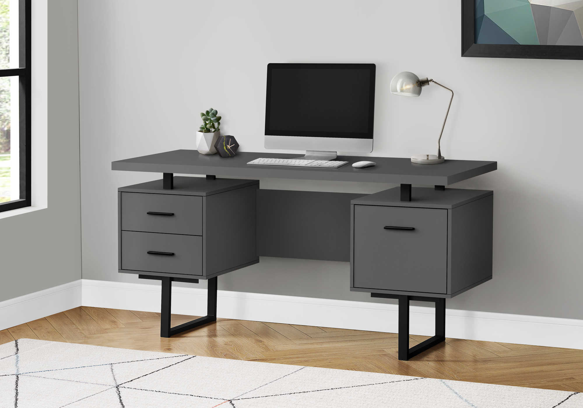 COMPUTER DESK - 60"L / MODERN GREY / BLACK METAL - MAISON CAPLAN