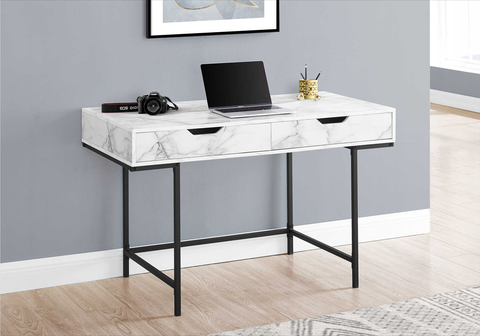 COMPUTER DESK - 48"L / WHITE MARBLE-LOOK / BLACK METAL - MAISON CAPLAN