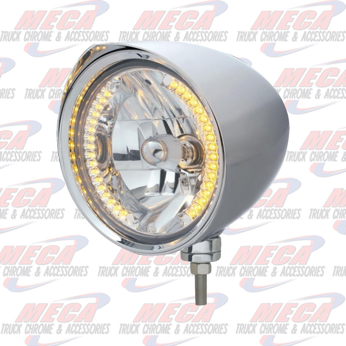 HEADLAMP MOTORCYCLE CHOPPER STYLE W/ AMBER LEDS - Meca Truck Chrome