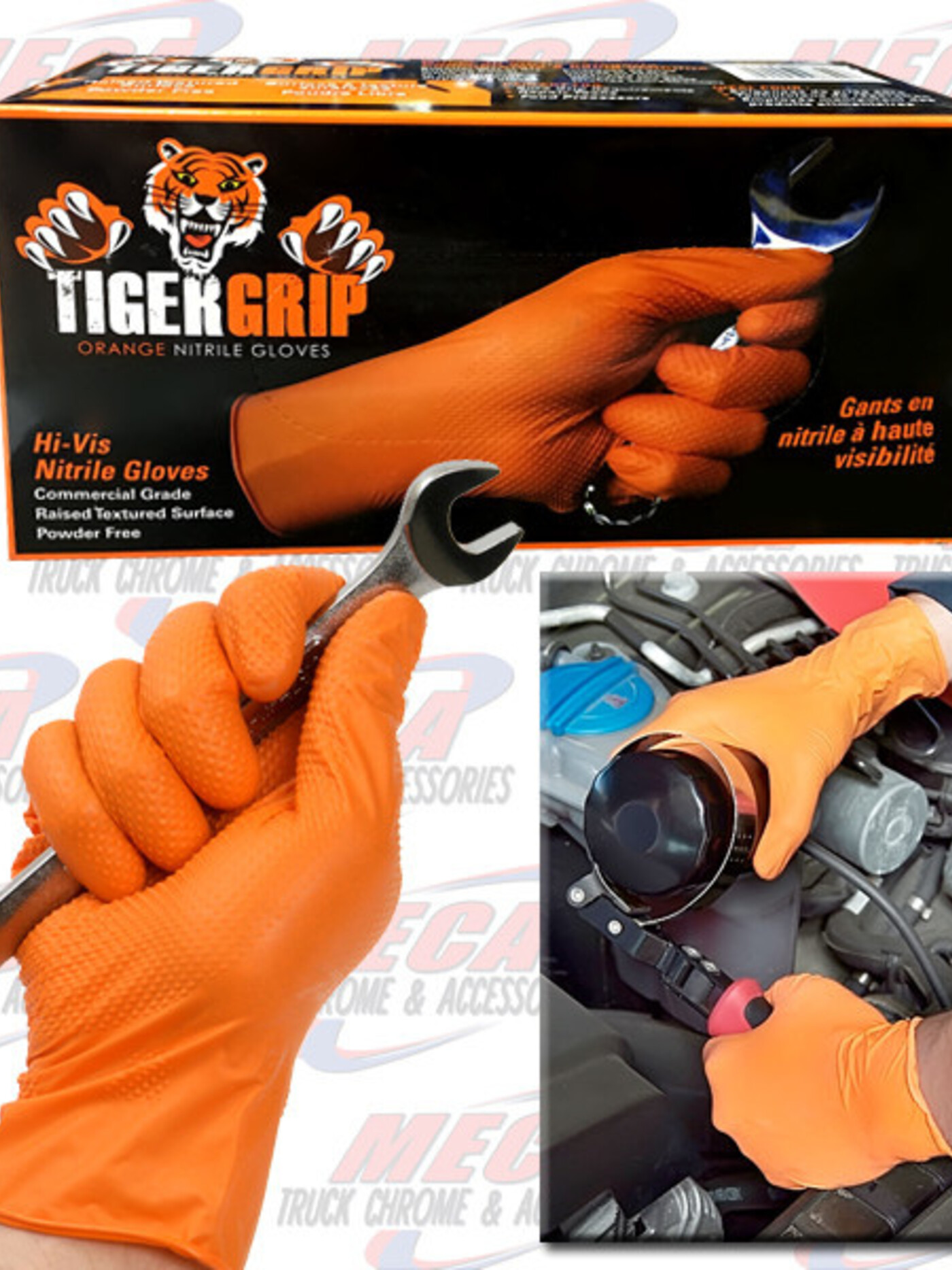 WORK GLOVE NITRILE TIGER GRIP ORANGE XXL BOX / 100 - Meca Truck Chrome