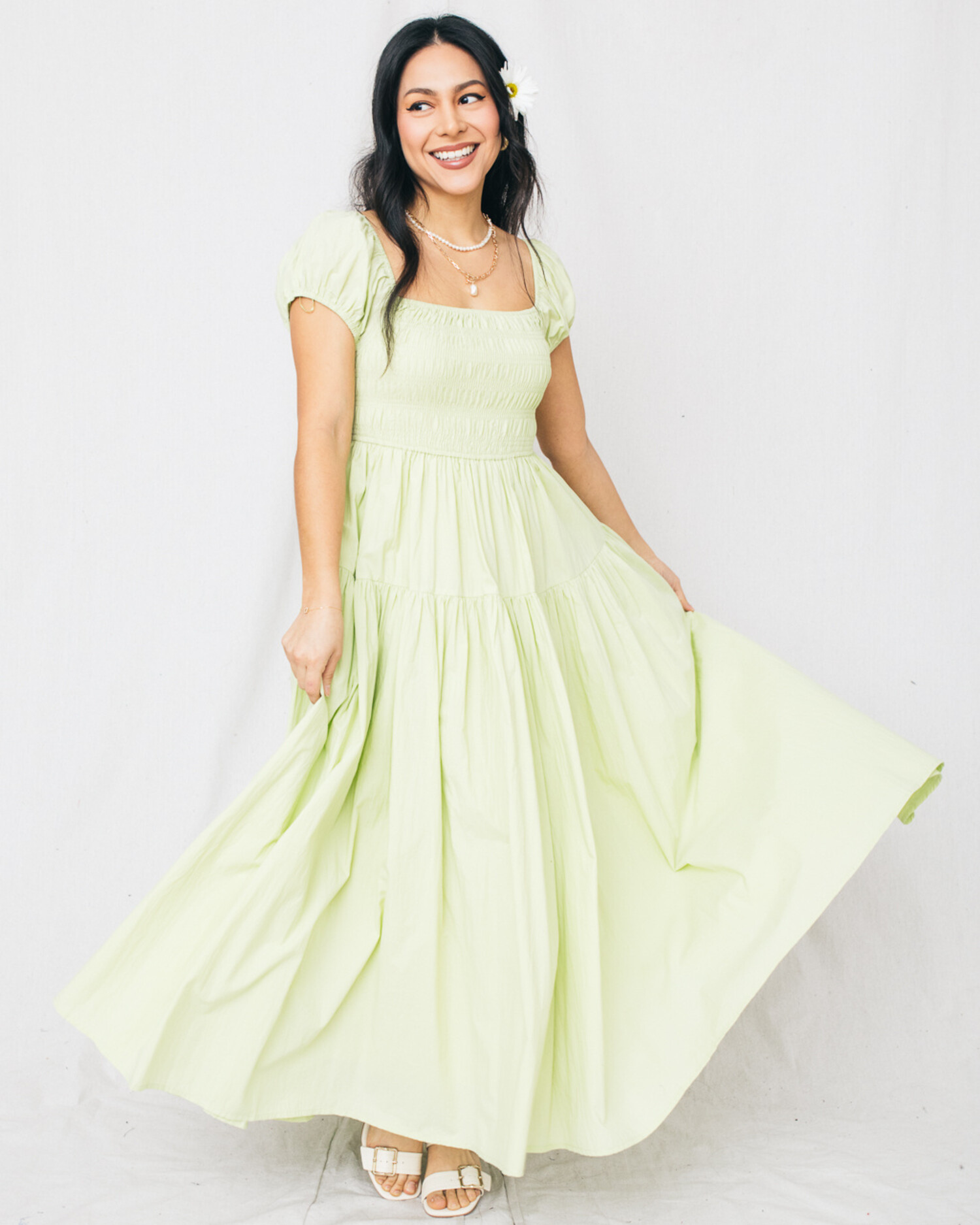 Hoppy Square Neck Smocked Bodice Midi Dress - MAVEN
