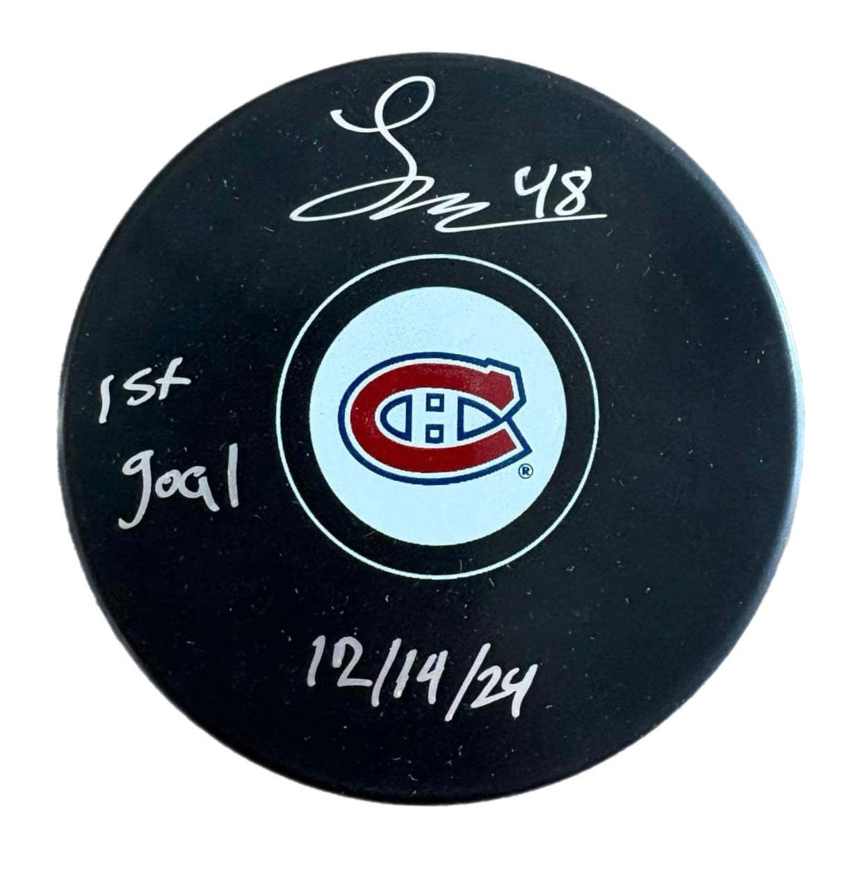 Lane Hutson Autographed & Inscribed Puck - Logo (1st Goal) - Au Royaume ...