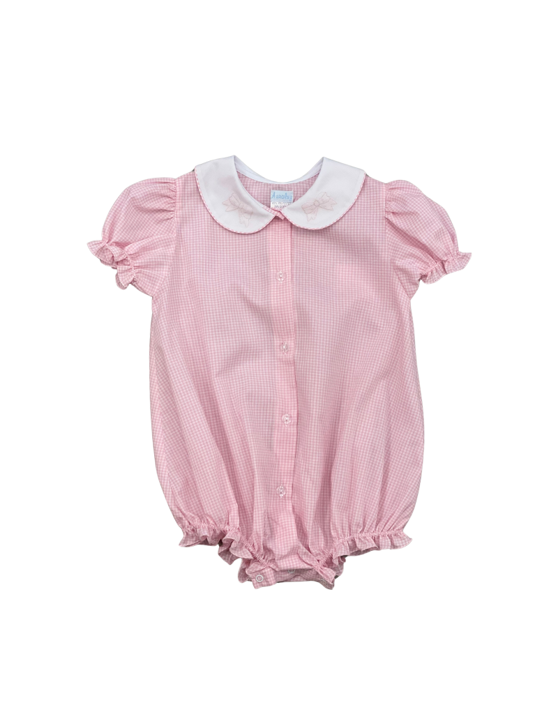 Pink Check Bow Button Front Bubble - Mini Macarons Boutique