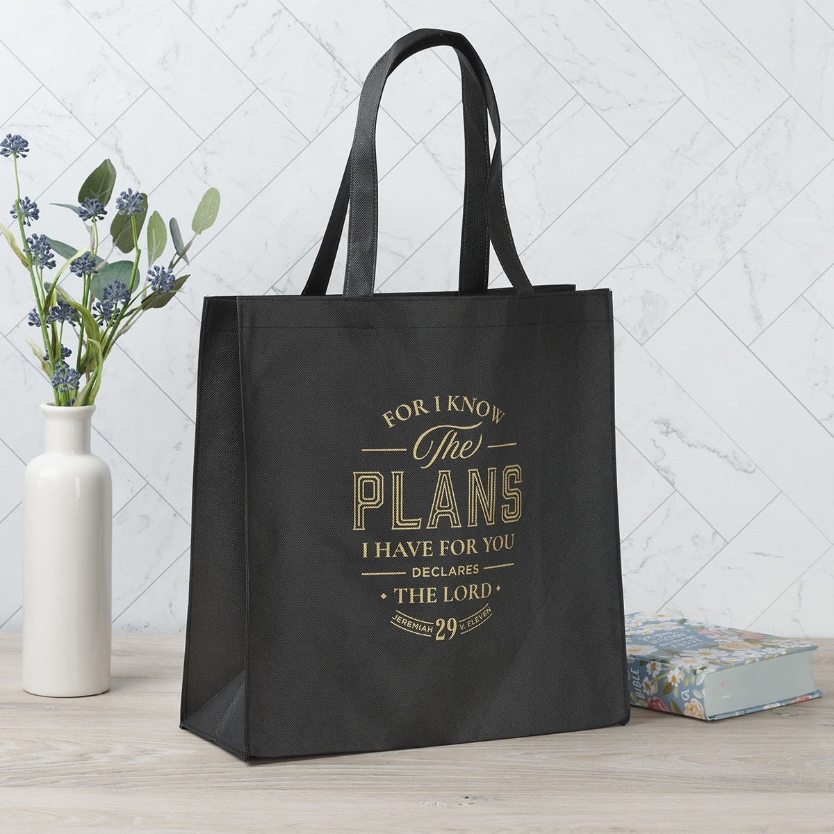 The Plans Black Reusable Non-woven Shopping Tote Bag - Jeremiah 29:11 ...