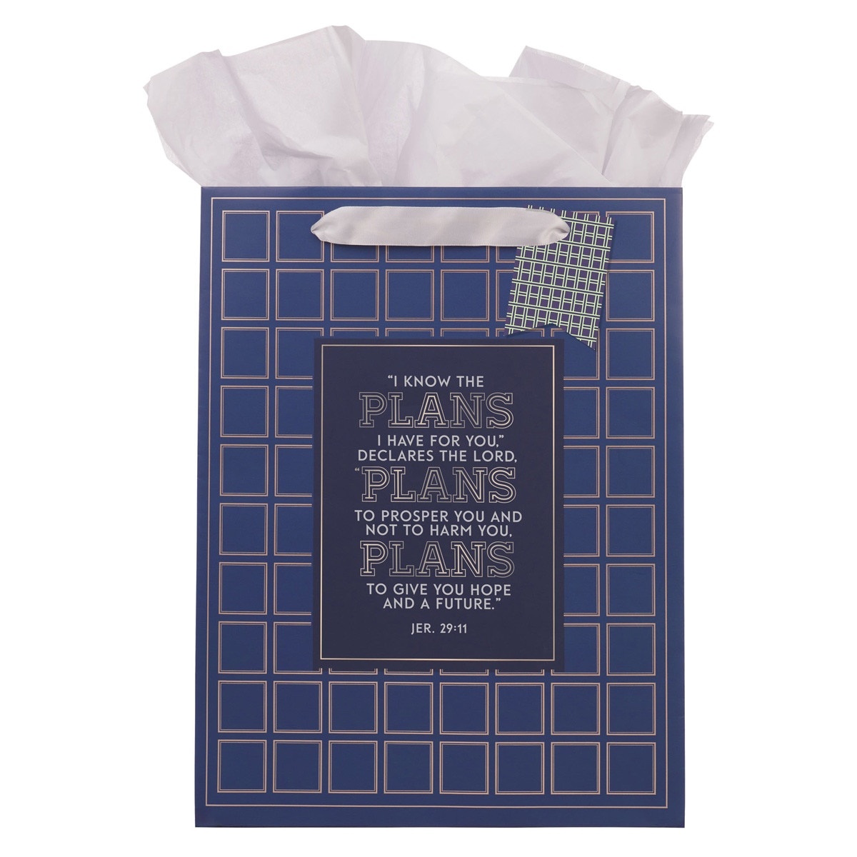 The Plans Modern Blue Grid Large Portrait Gift Bag - Jeremiah 29:11 ...