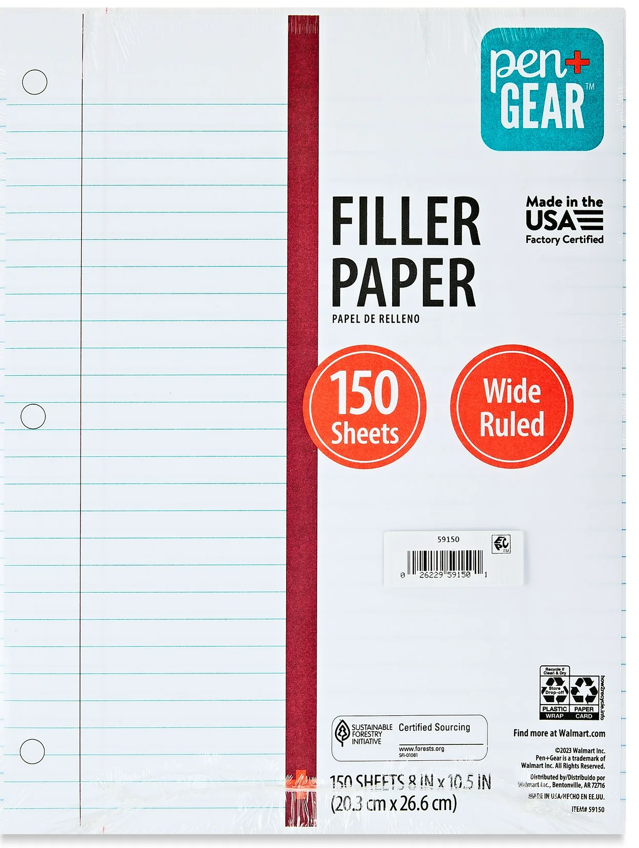 Pen+Gear Wide Ruled Filler Paper 150 Sheets - School & Office Annex