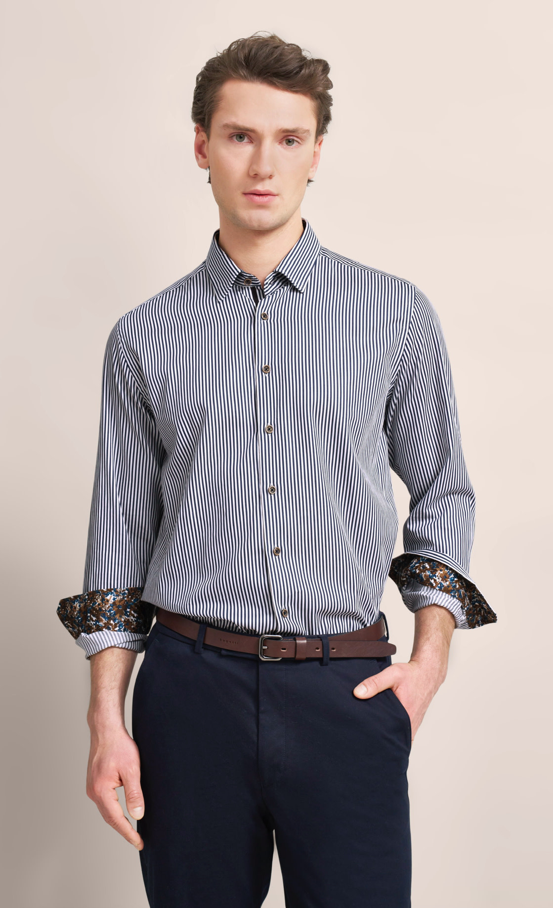 Modern Fit White Navy Stripe Shirt - Benjamin's Menswear