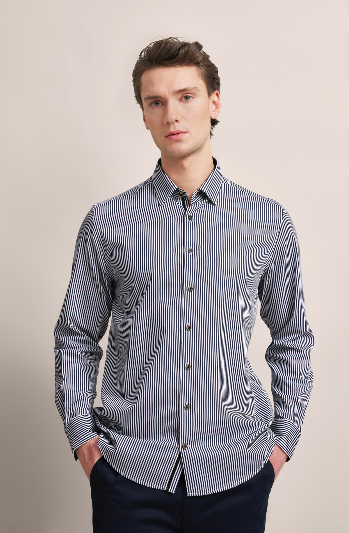 Modern Fit White Navy Stripe Shirt - Benjamin's Menswear