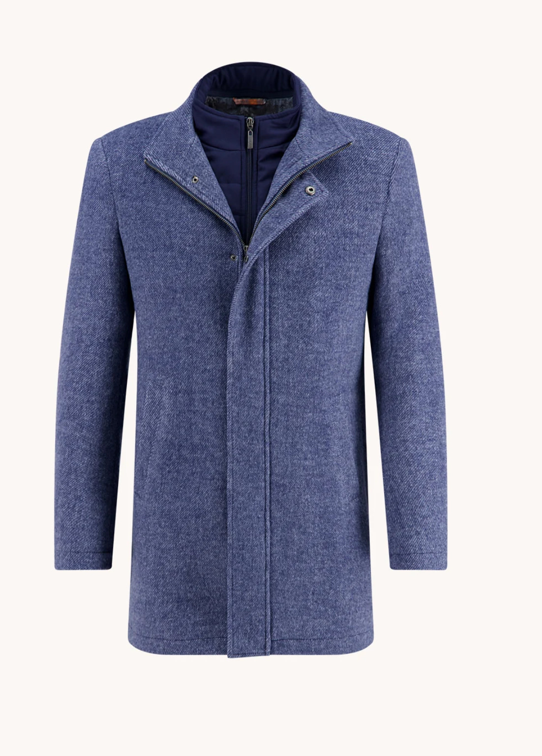 Mid Blue Funnel Neck Overcoat - Benjamin's Menswear