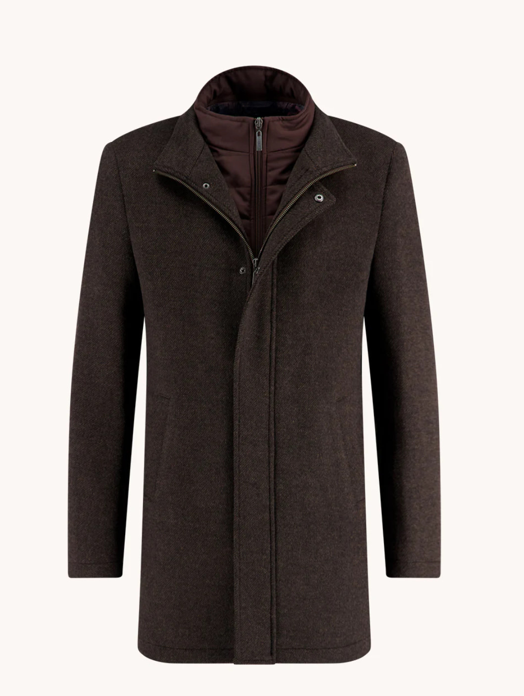 Brown Funnel Neck Overcoat - Benjamin's Menswear