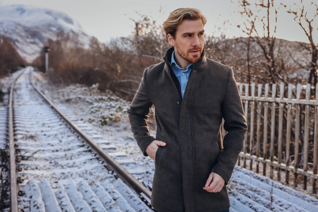 Brown Funnel Neck Overcoat - Benjamin's Menswear