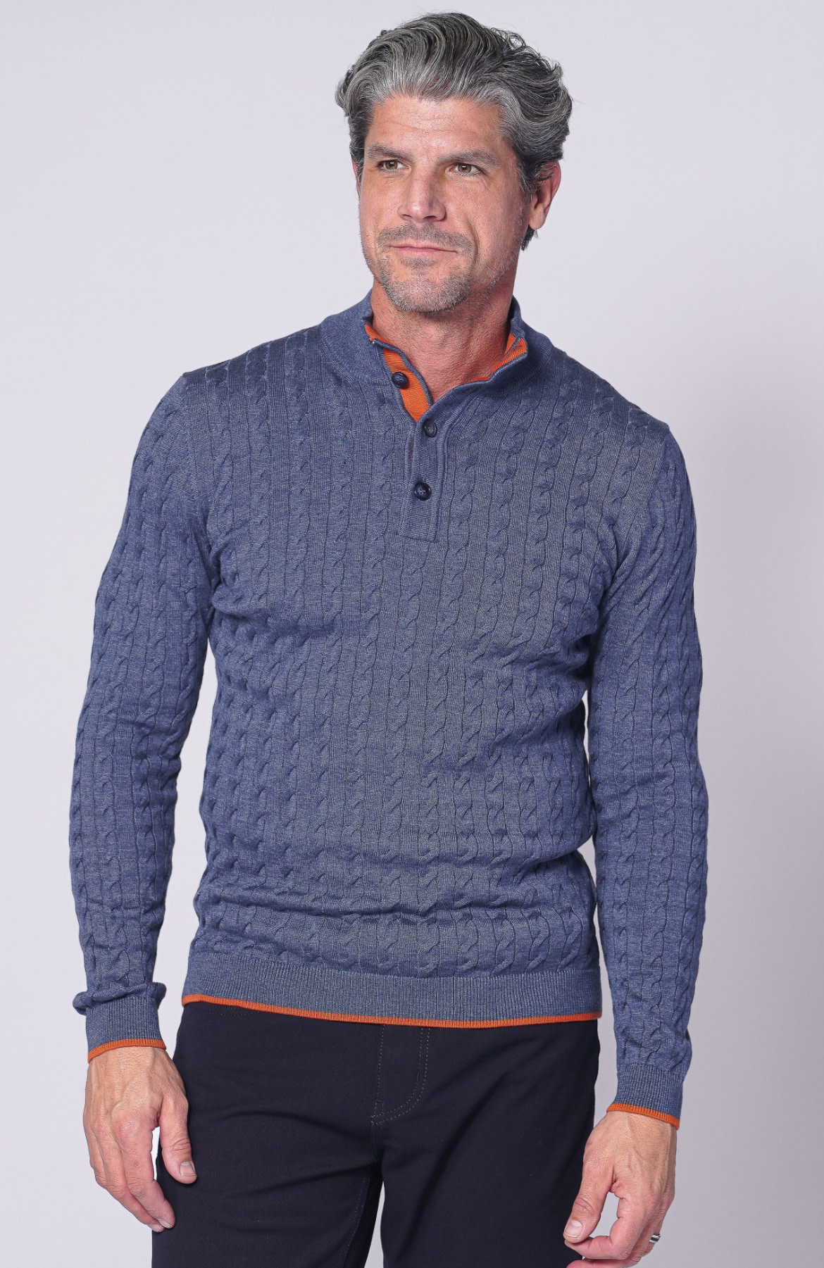 Indigo Cable Button Neck Sweater - Benjamin's Menswear