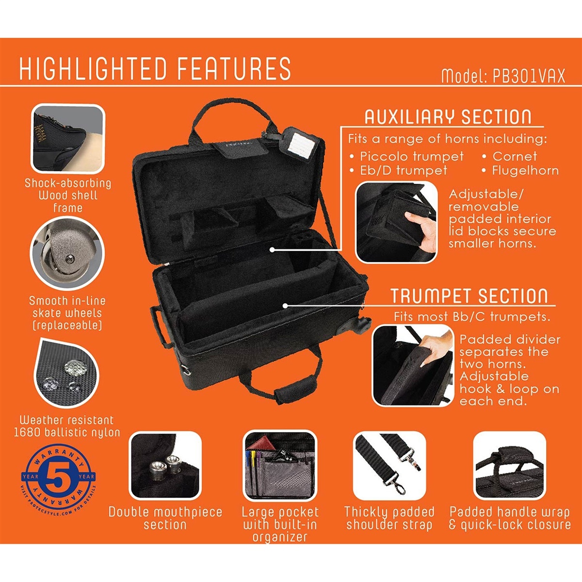 Protec Trumpet / Auxiliary Combo PRO PAC Case with Wheels - Horn Stash