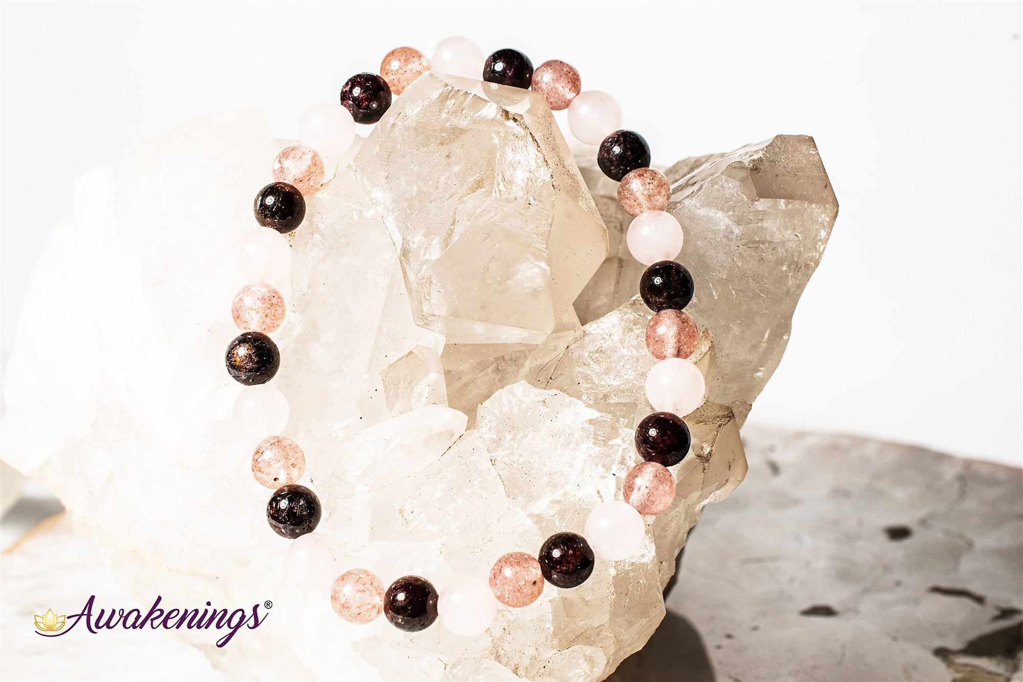 Rose Quartz, Strawberry Quartz, & Garnet Bracelet- 6mm - Awakenings