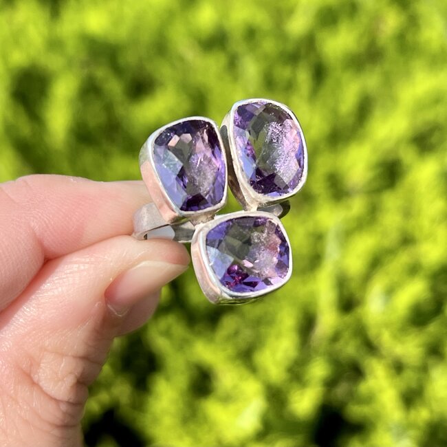 Amethyst Ring-Faceted 3 Stone Adjustable-Sterling Silver - Awakenings