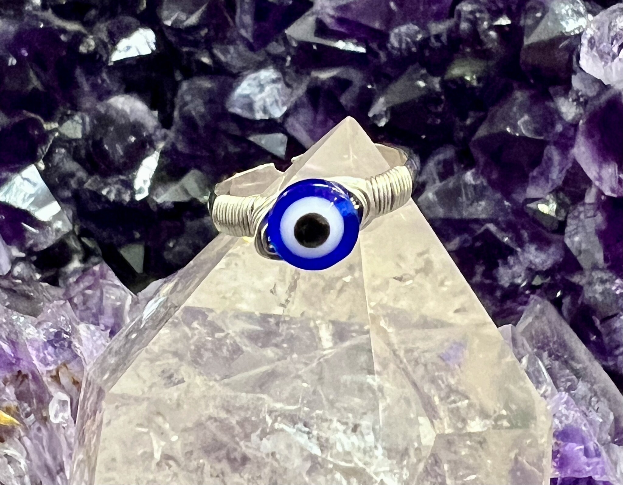 Evil Eye Ring - Wire Wrapped Blue Adjustable Silver Plated - Awakenings