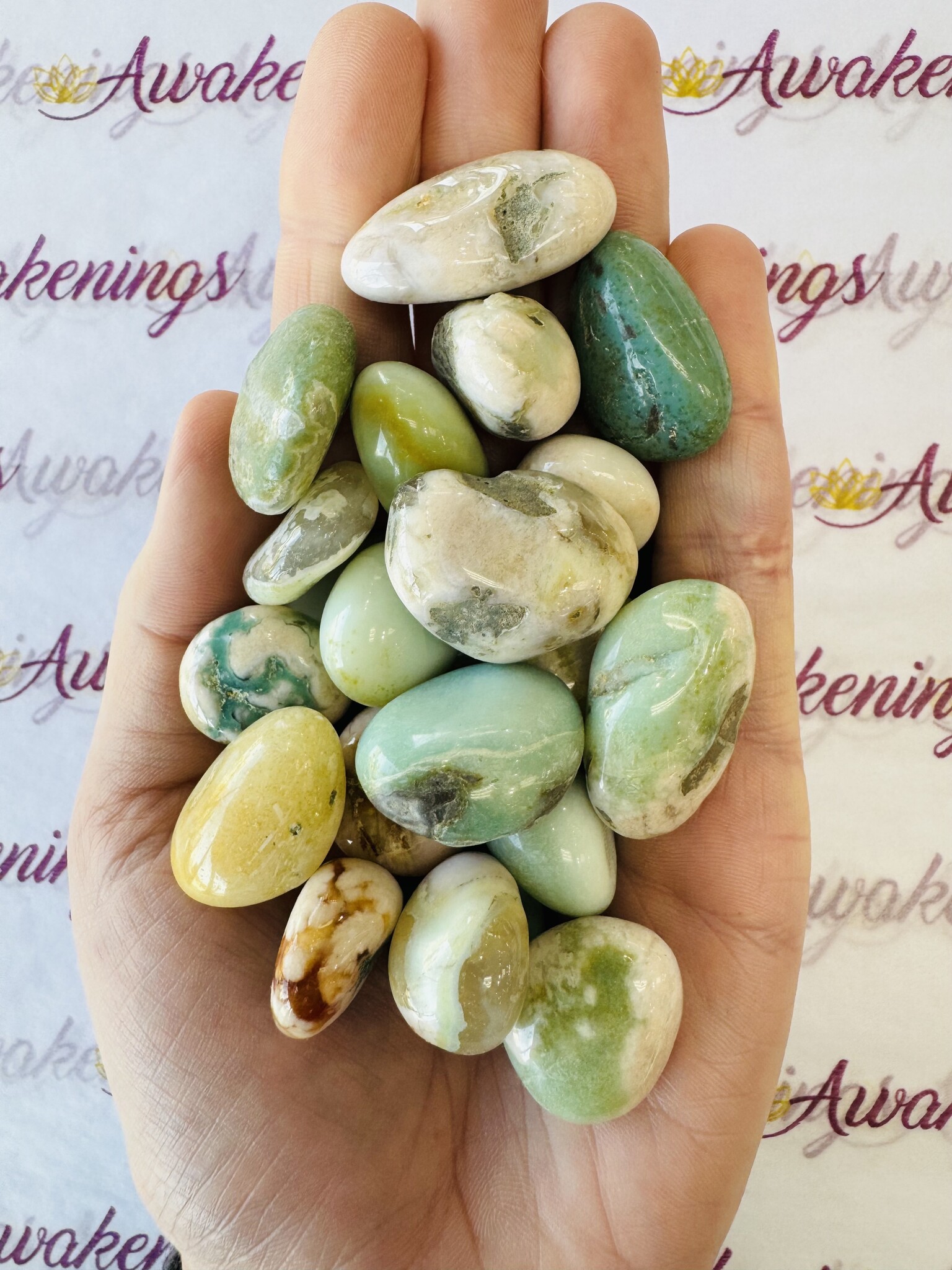 Green Flower Agate/Cherry Blossom - Tumbled - Awakenings