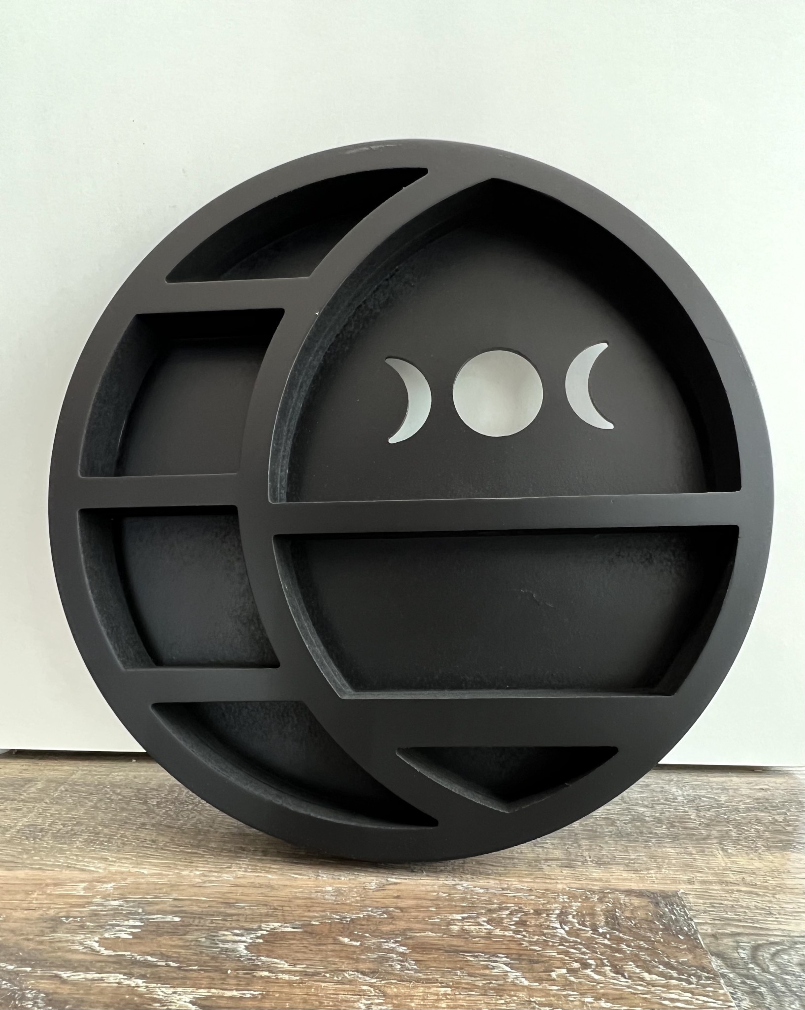 Black Wooden Wall Shelf - Crescent Moon (Round) Crystal Display Stand ...