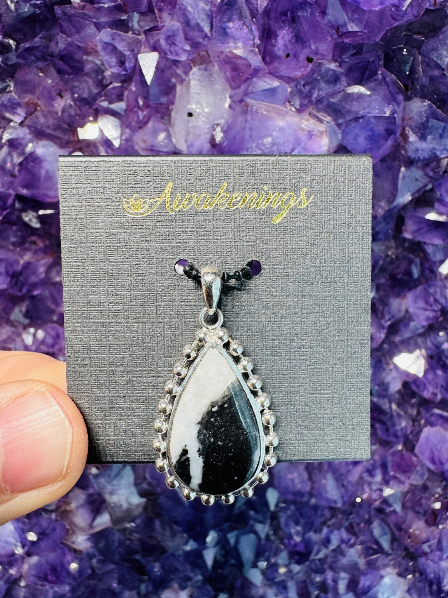 White Buffalo Pendant - Teardrop Pear - Beaded Sterling Silver - Awakenings