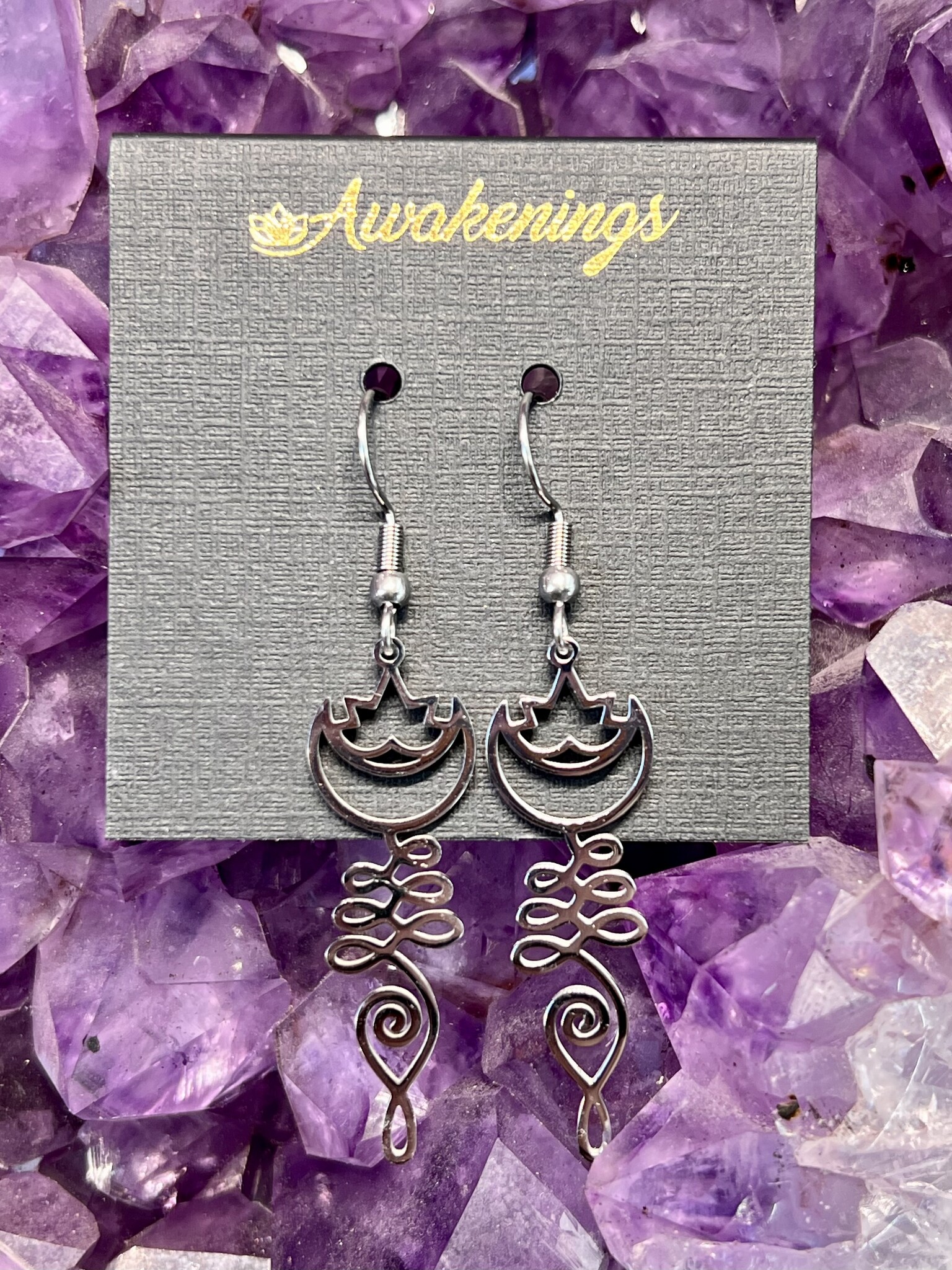 Unalome Lotus Flower Crescent Moon Dangle Earrings - Stainless Steel ...