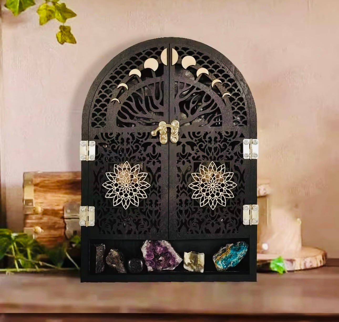 Black Wooden Wall Shelf - Sun & Moon - Crystal Display Stand Filigree ...