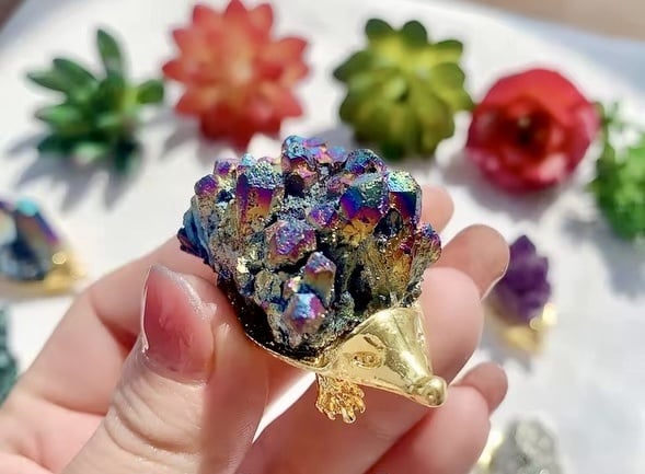 Rainbow (Titanium) Aura Quartz Cluster on Gold (Plated) Hedgehog ...